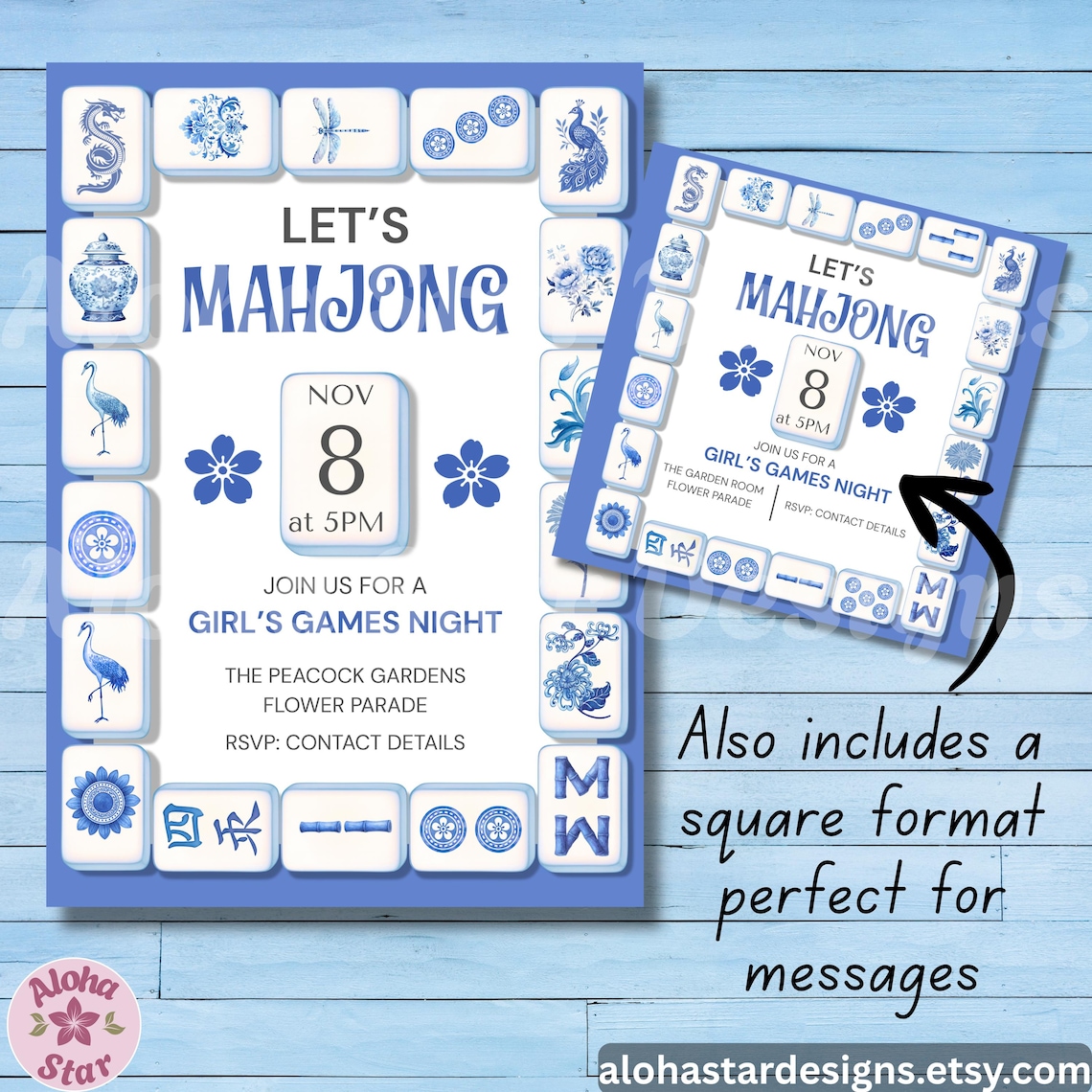 Chinoiserie Mahjong Party Invitation: Blue Tile Game Night (canva ...