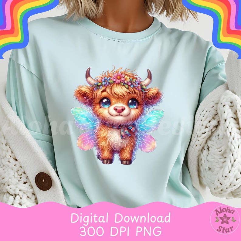 Rainbow Fairy Highland Cow PNG Bundle: Party & Nursery Decor (digital ...