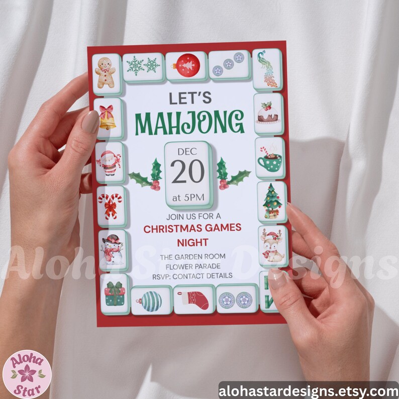 Mahjong Christmas Party Invitation: Festive Game Night, Editable Canva ...