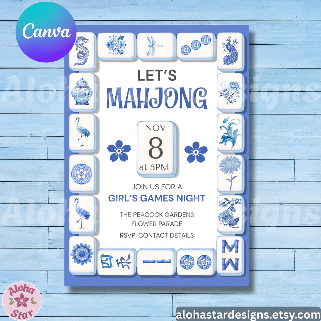 Chinoiserie Mahjong Party Invitation: Blue Tile Game Night (canva ...