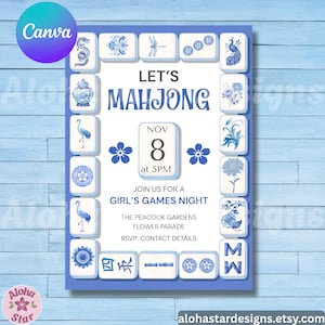 Chinoiserie Mahjong Party Invitation: Blue Tile Game Night (canva ...