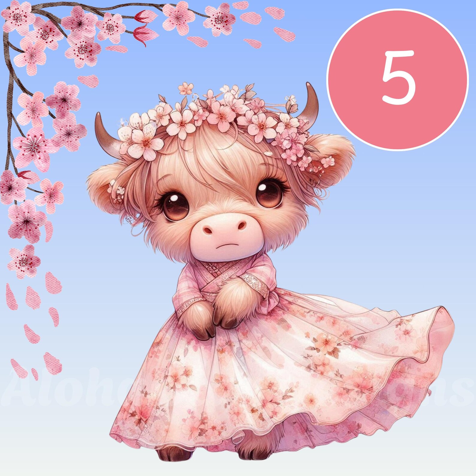 Highland Cow Clipart Bundle: Kawaii Coo With Cherry Blossoms (PNG ...