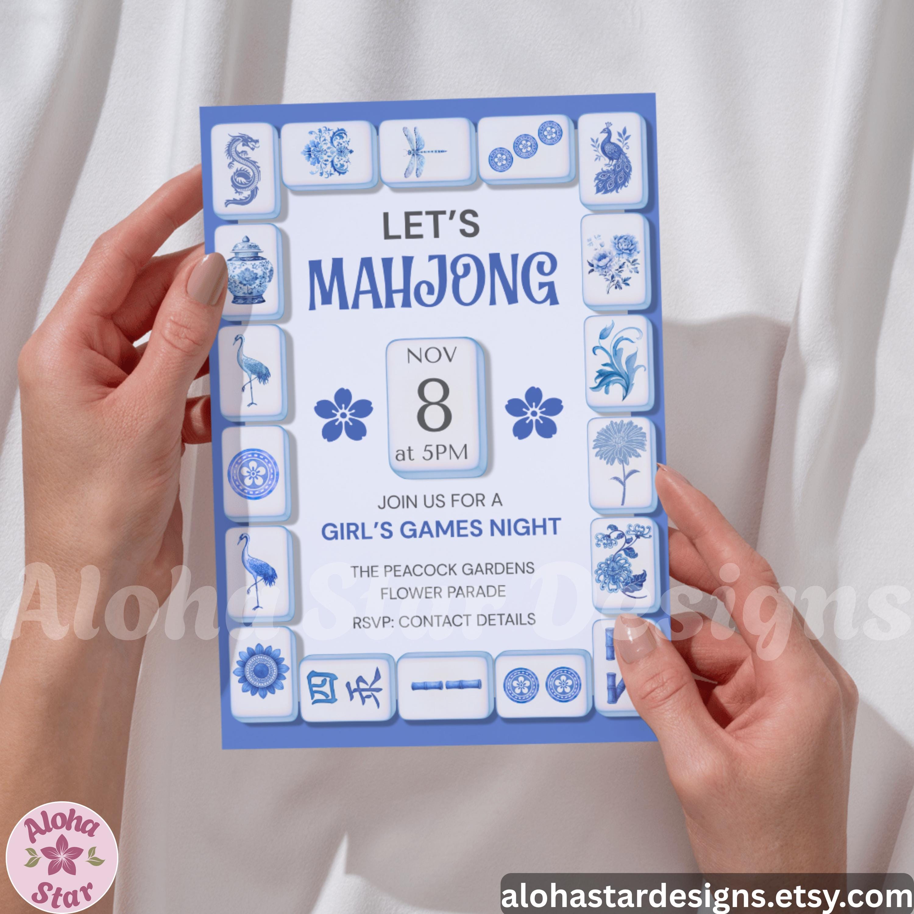 Chinoiserie Mahjong Party Invitation: Blue Tile Game Night (canva ...