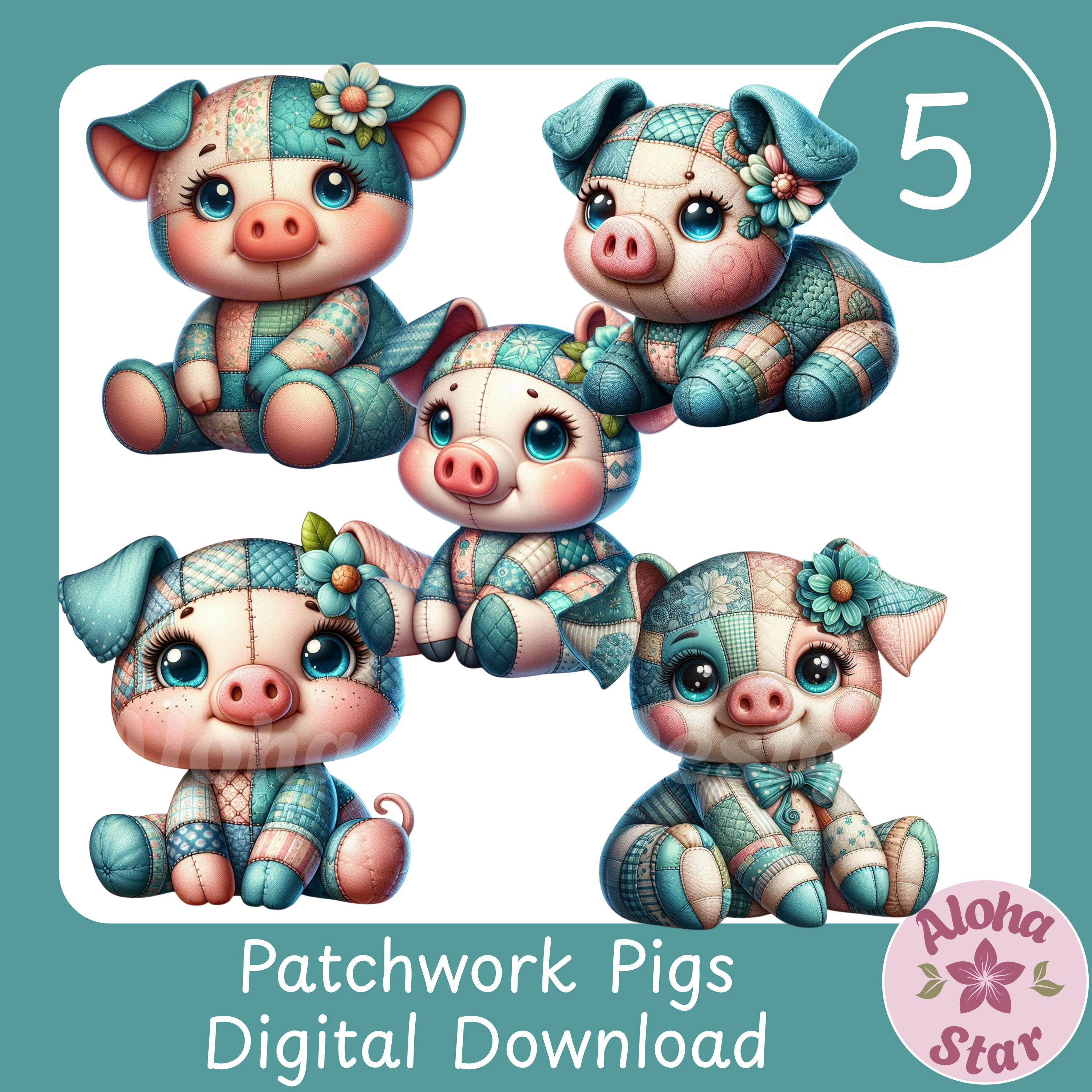 Patchwork Pig Clipart Set: Blue & Teal, Sublimation Designs (digital ...