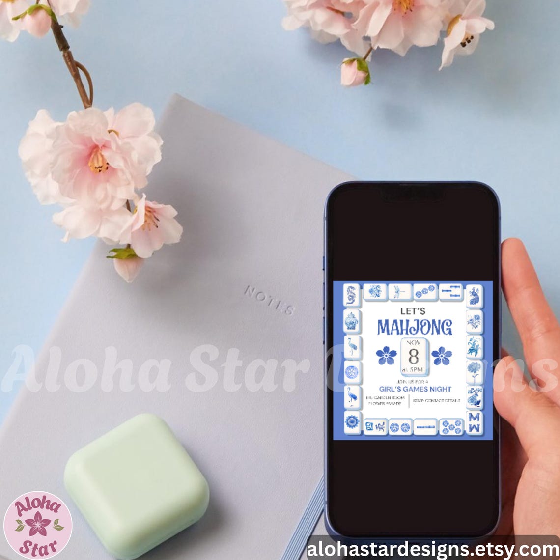 Chinoiserie Mahjong Party Invitation: Blue Tile Game Night (canva ...
