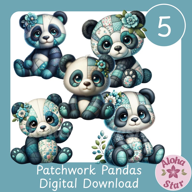 Patchwork Panda Clipart Set: Blue & Teal Quilting Designs (digital Download) - Etsy