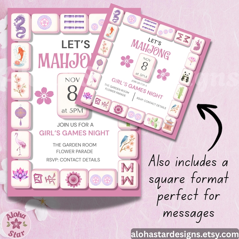 Mahjong Party Invitation Template: Pink Floral Game Night (canva ...