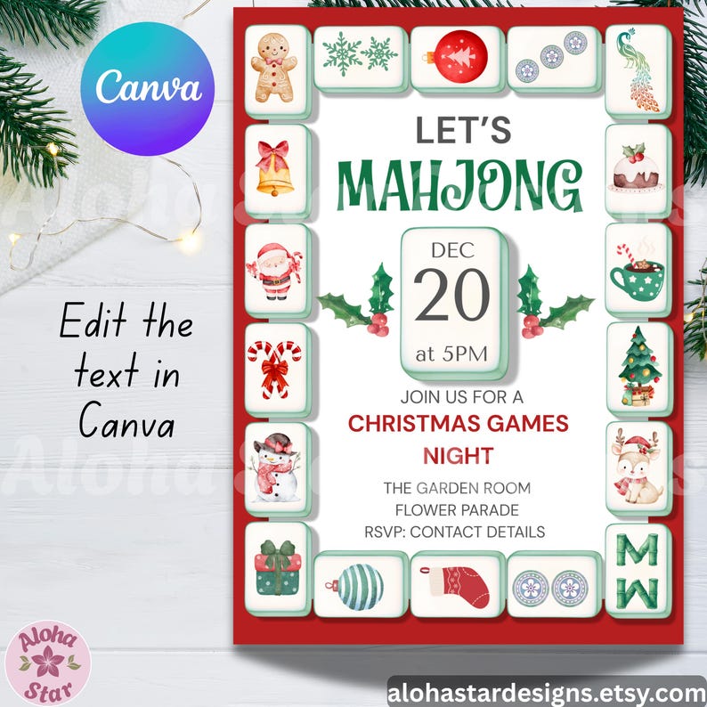 Mahjong Christmas Party Invitation: Festive Game Night, Editable Canva ...