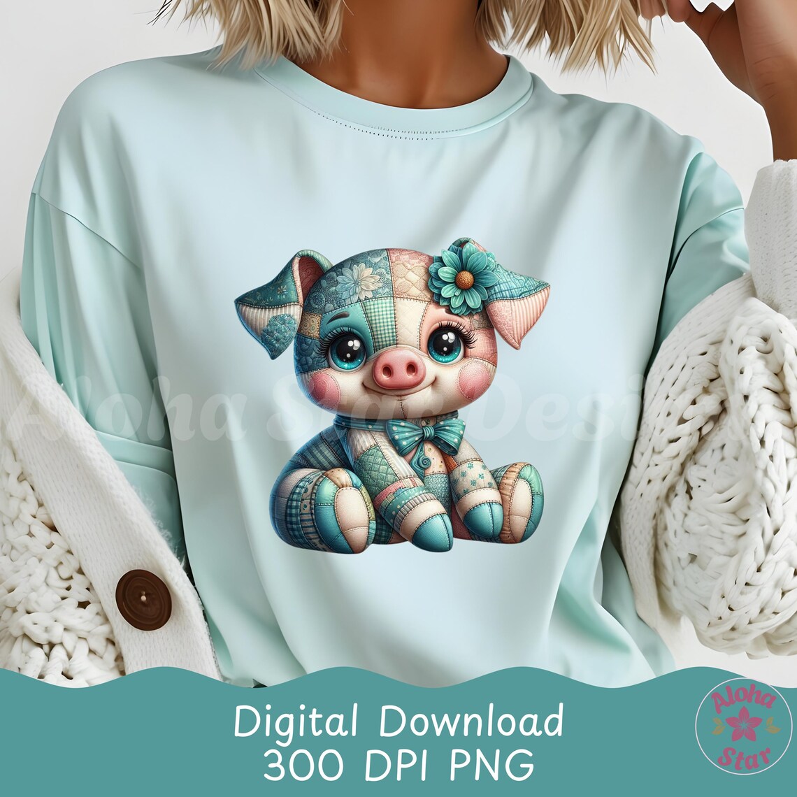 Patchwork Pig Clipart Set: Blue & Teal, Sublimation Designs (digital ...