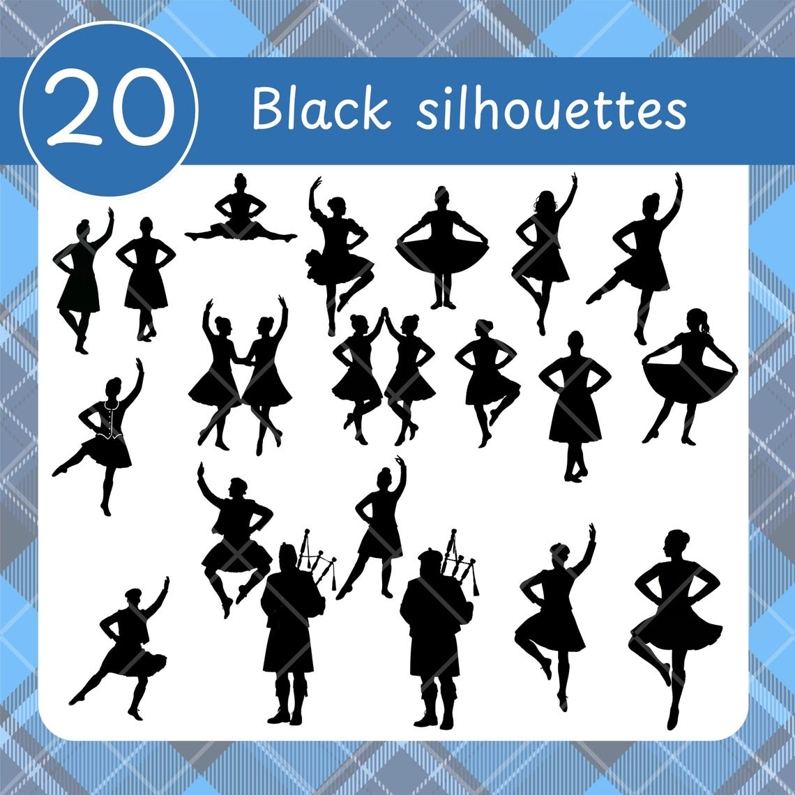 Highland Dance Silhouette Clipart, Scottish Dancers, Bagpiper (PNG SVG ...