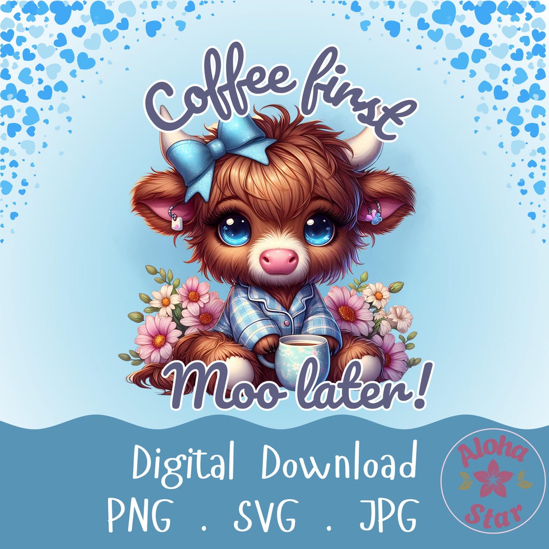 Cute Highland Cow PNG, Kawaii Animal Artwork, Coffee First Moo Later ...