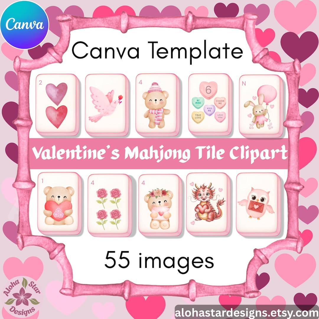 Valentine's Watercolor Mahjong Tiles Clipart Canva Template – 55 ...