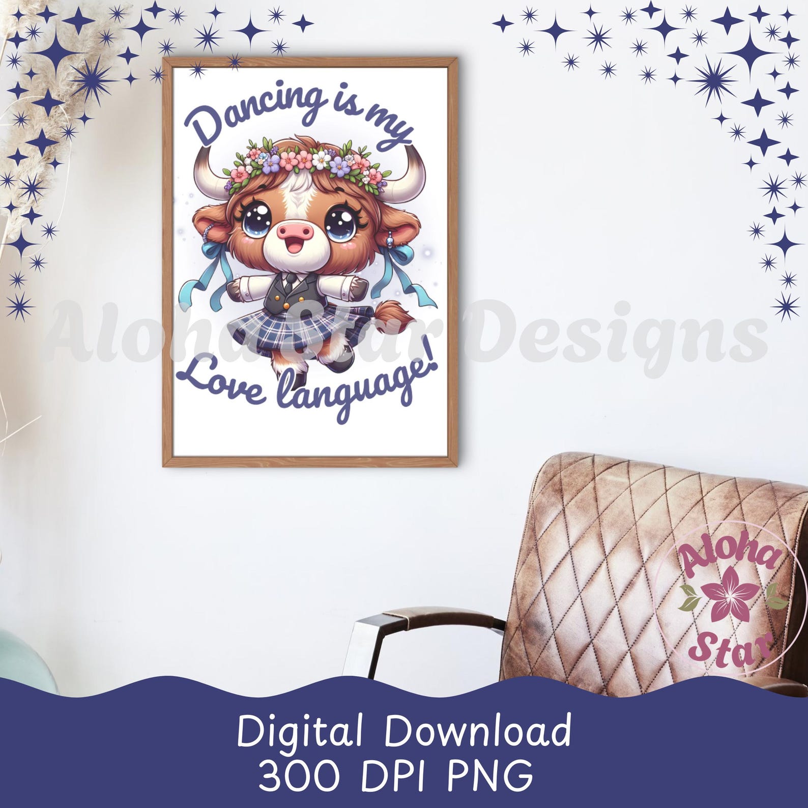 Highland Cow Dancing PNG: Kawaii Scottish Coo Digital Art (instant ...