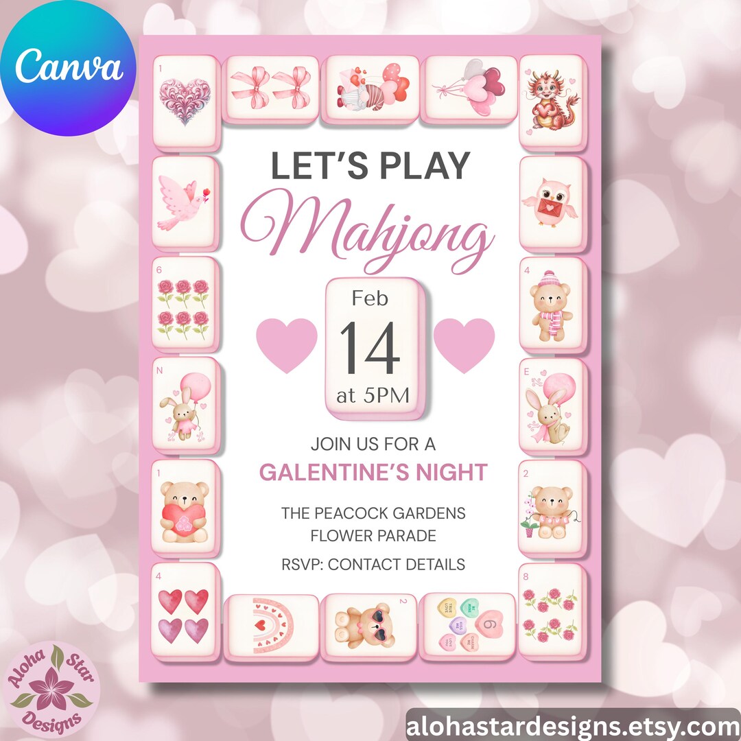 Valentine's Mahjong Party Invitation | Editable Canva Template (digital ...