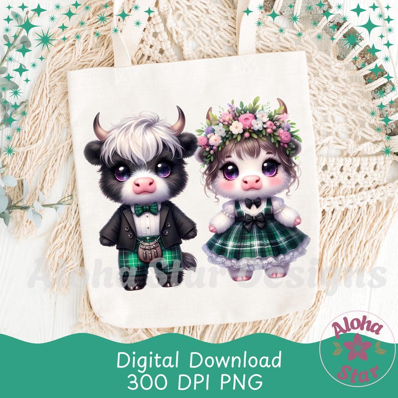 Highland Cow Couples Tartan Clipart Bundle PNG, Instant Download, Cute ...