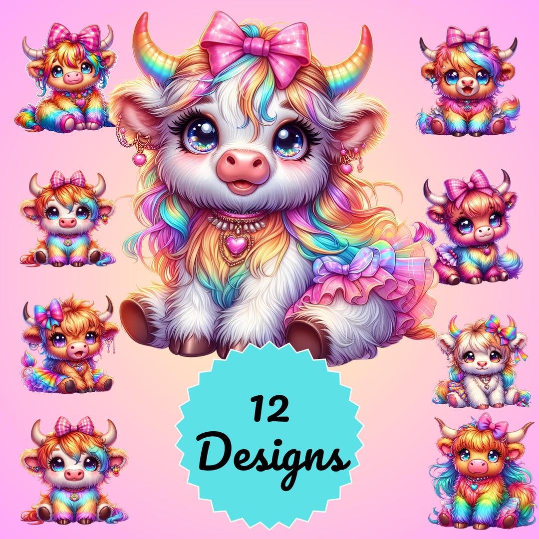 Rainbow Highland Cow Clipart Bundle, Nursery Art PNG (instant Download ...