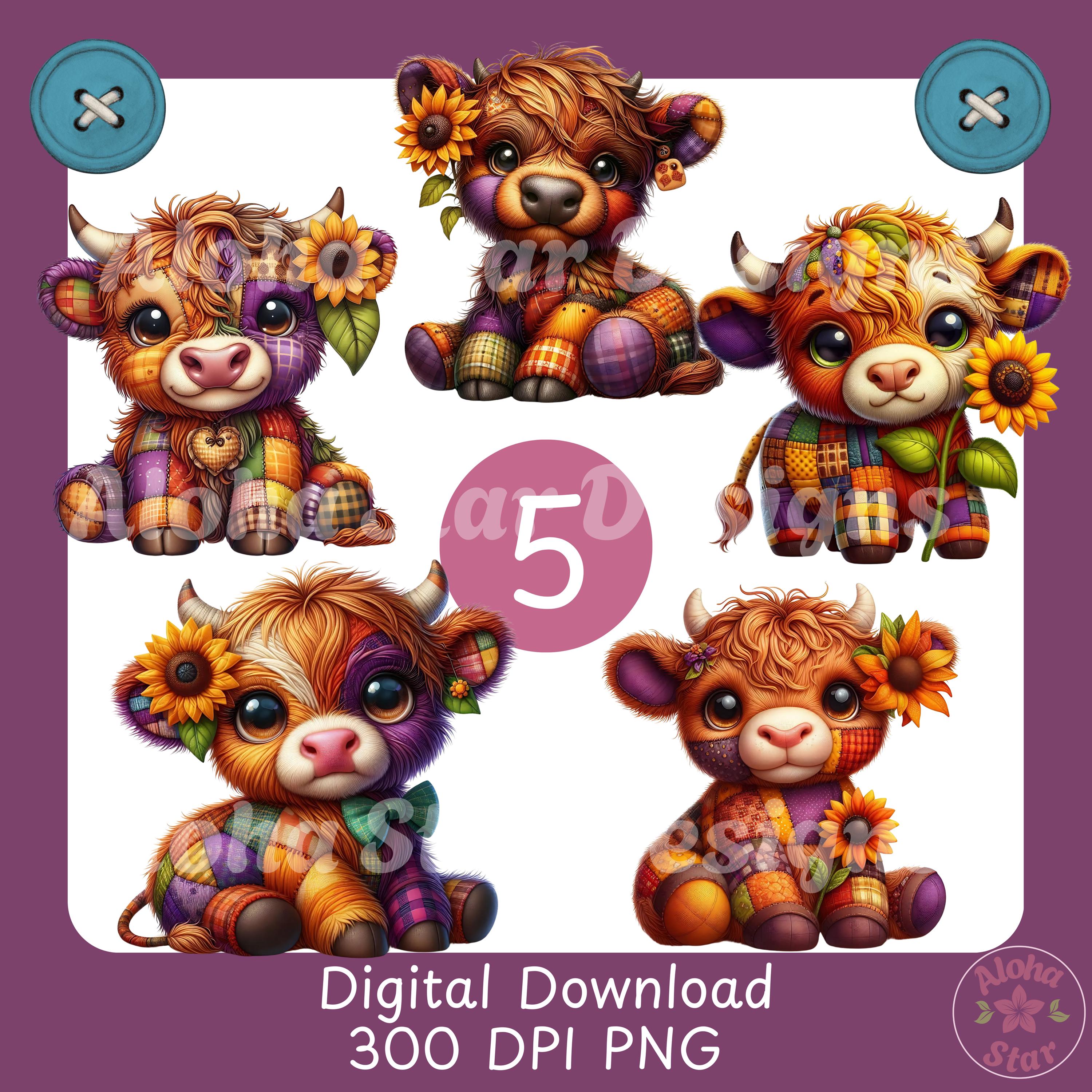 Patchwork Highland Cow PNG Set, 5 Whimsical Cute Quilted Highland Cow ...