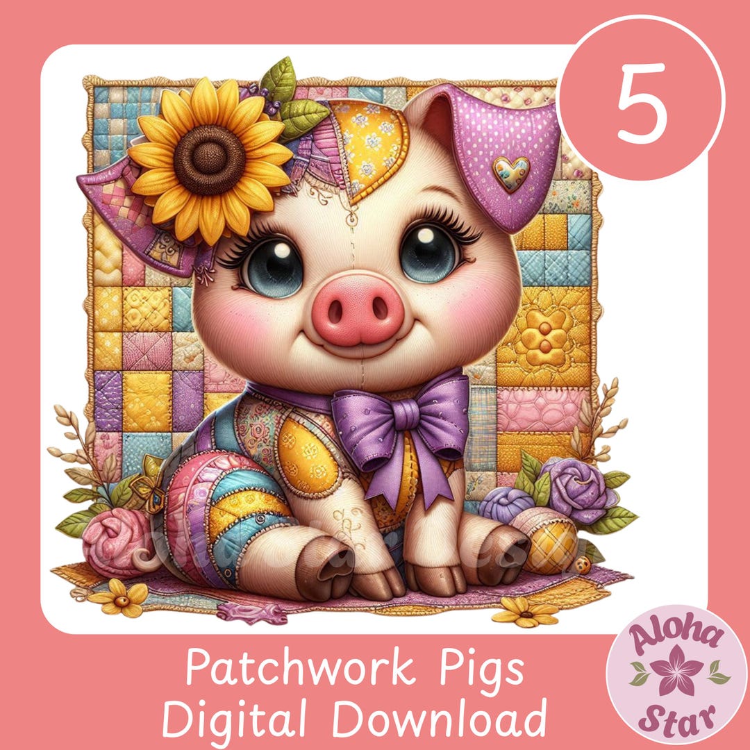 Patchwork Pig Clipart Set, 5 Pigs With Sunflower, Ribbon ...