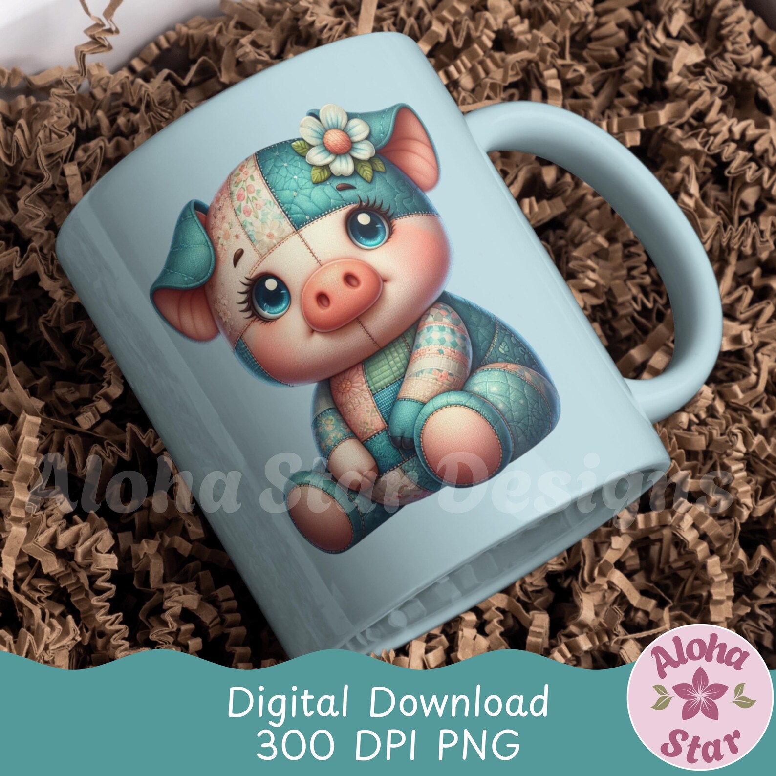 Patchwork Pig Clipart Set: Blue & Teal, Sublimation Designs (digital ...