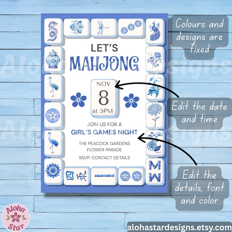 Chinoiserie Mahjong Party Invitation: Blue Tile Game Night (canva ...