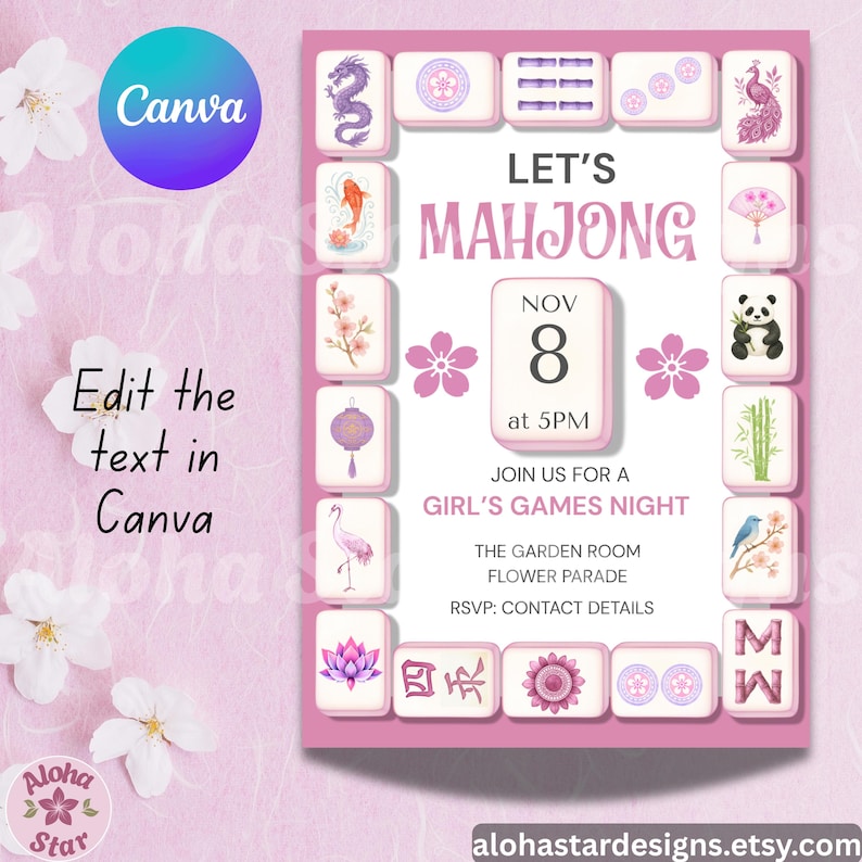 Mahjong Party Invitation Template: Pink Floral Game Night (canva ...