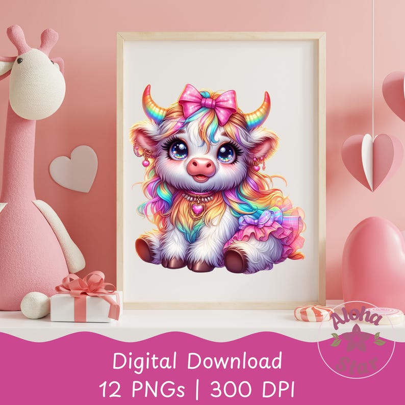 Rainbow Highland Cow Clipart Bundle, Nursery Art PNG (instant Download ...