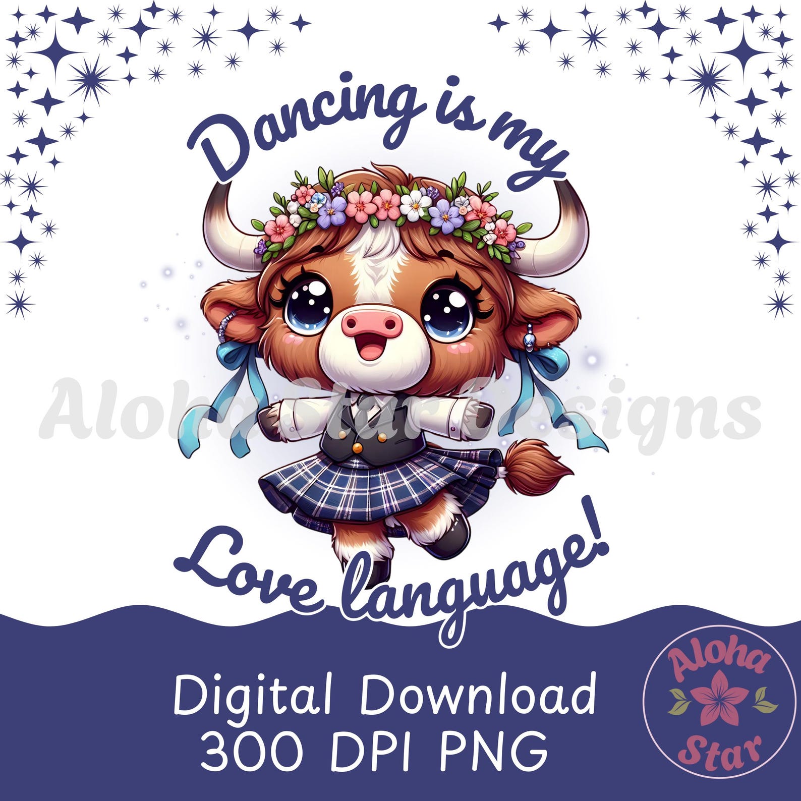 Highland Cow Dancing PNG: Kawaii Scottish Coo Digital Art (instant ...