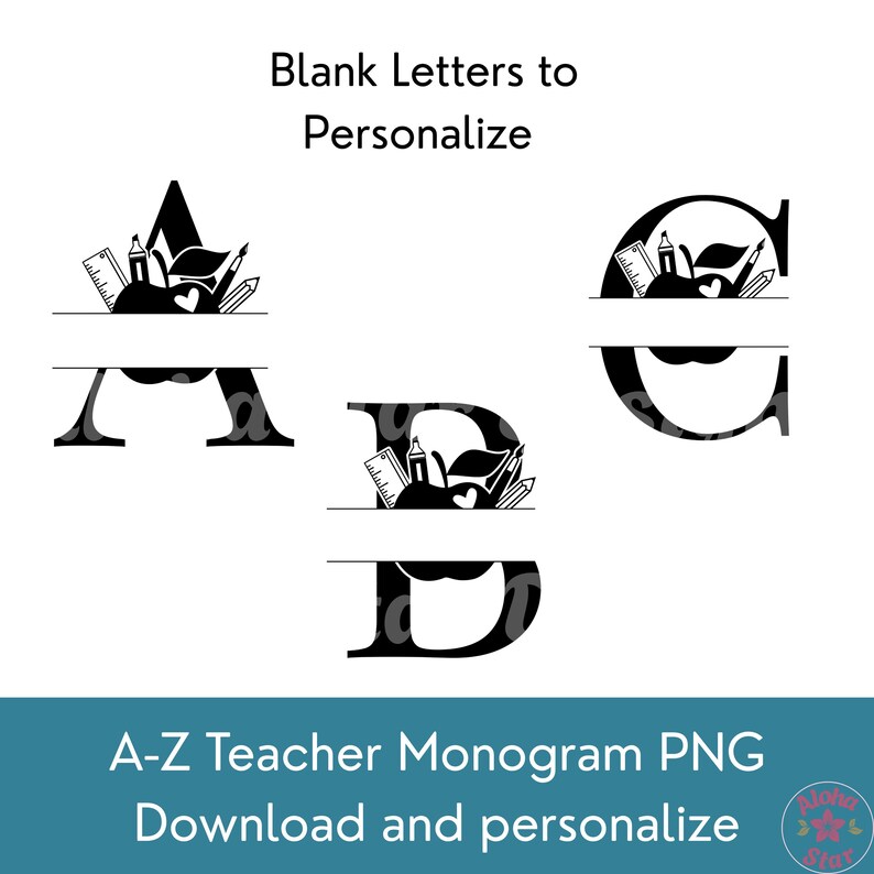 Teacher Monogram PNG: Apple & Stationery Letter Art (digital Download ...