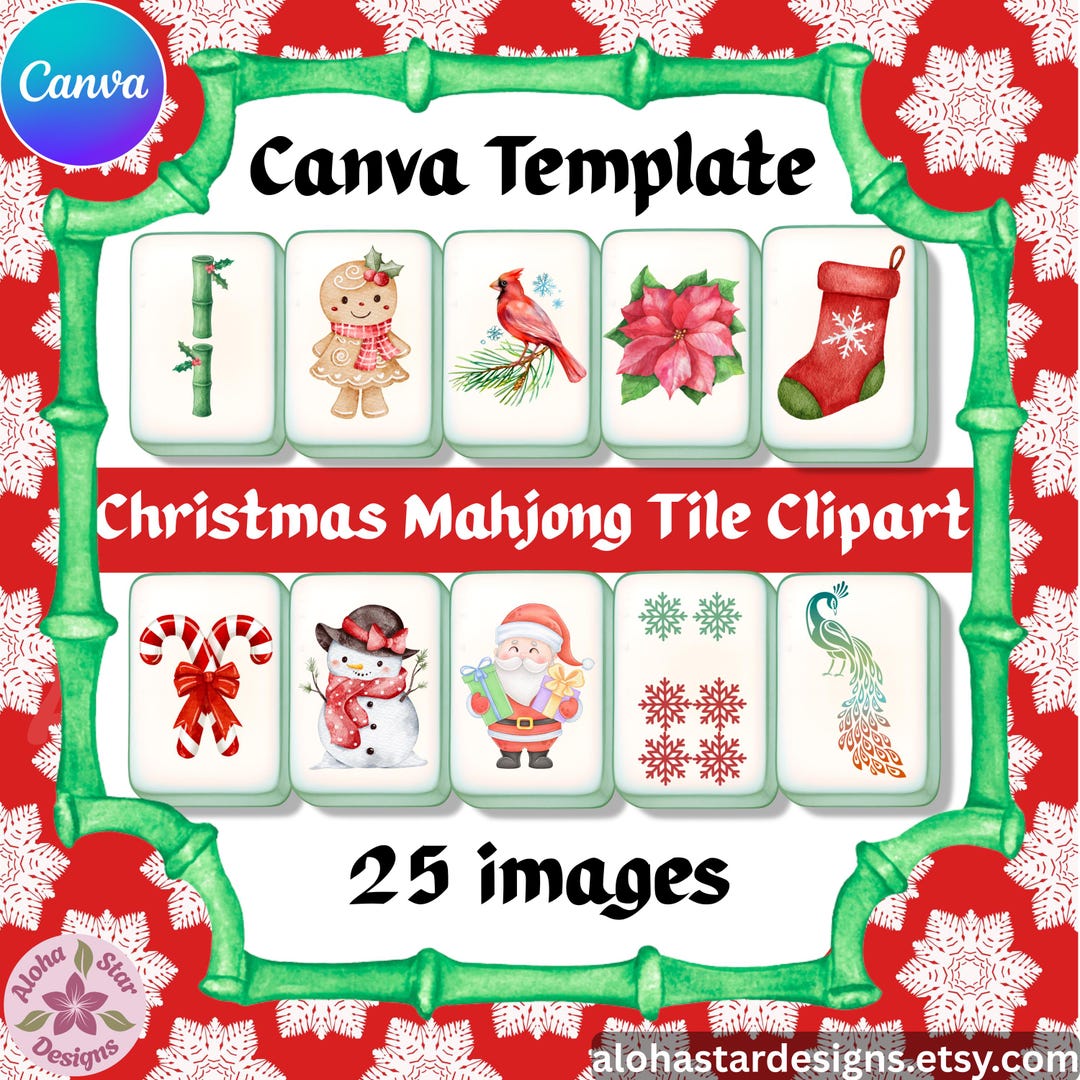 Christmas Mahjong Tiles Clipart Canva Template – 25 Watercolor Digital ...