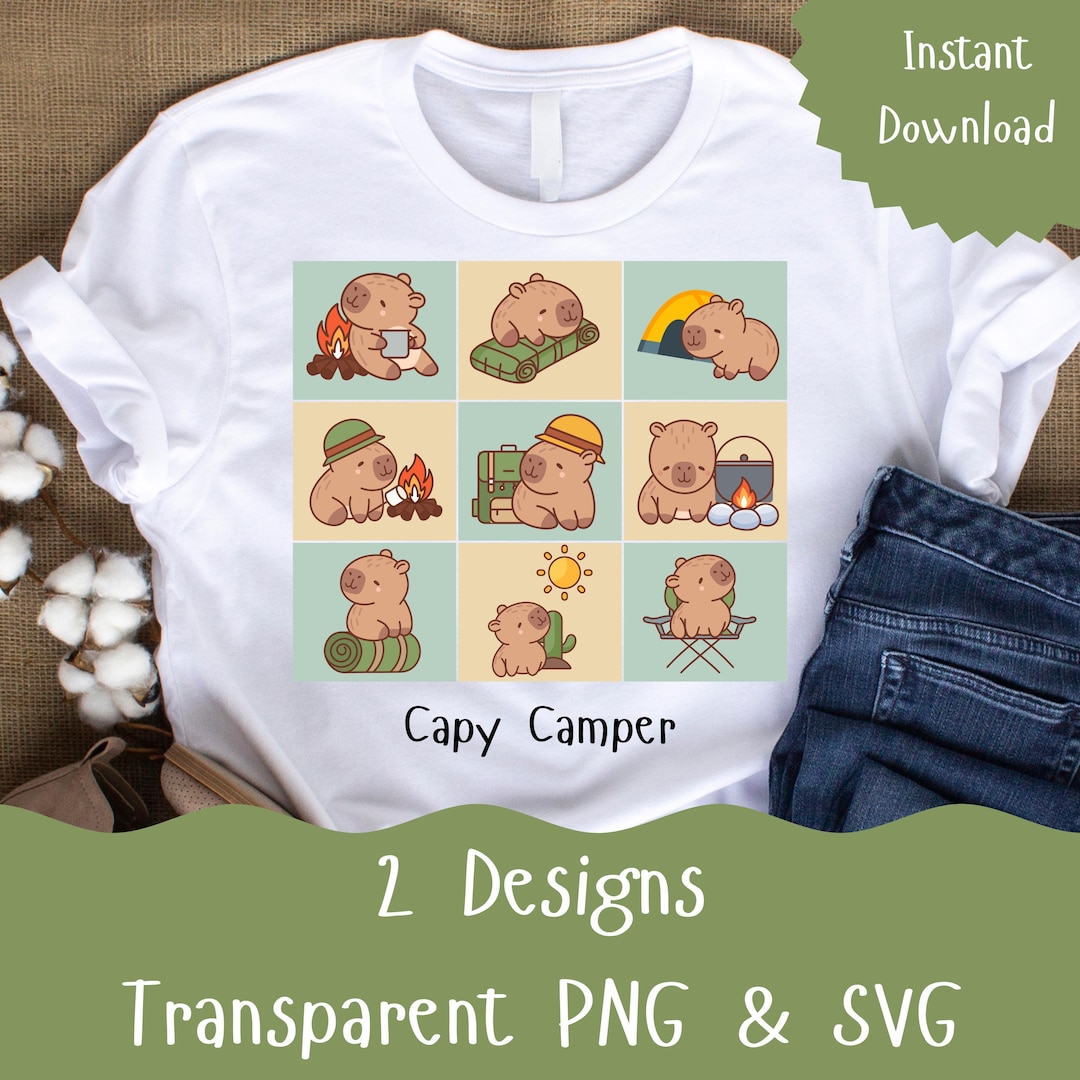 Capy Camper Digital Design - Cute Kawaii Capybara Camping PNG for DIY T ...