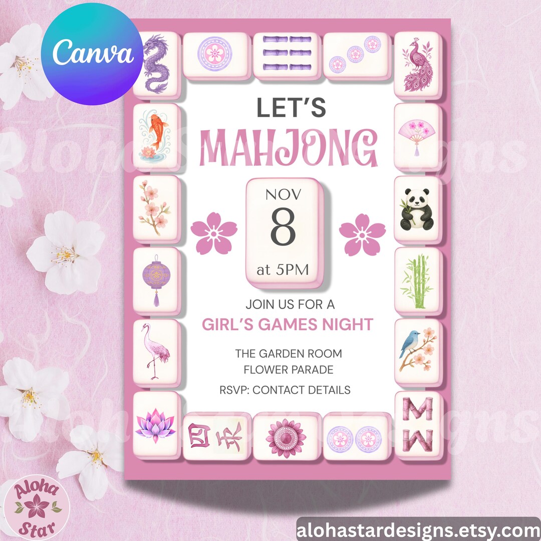 Mahjong Party Invitation Template: Pink Floral Game Night (canva ...
