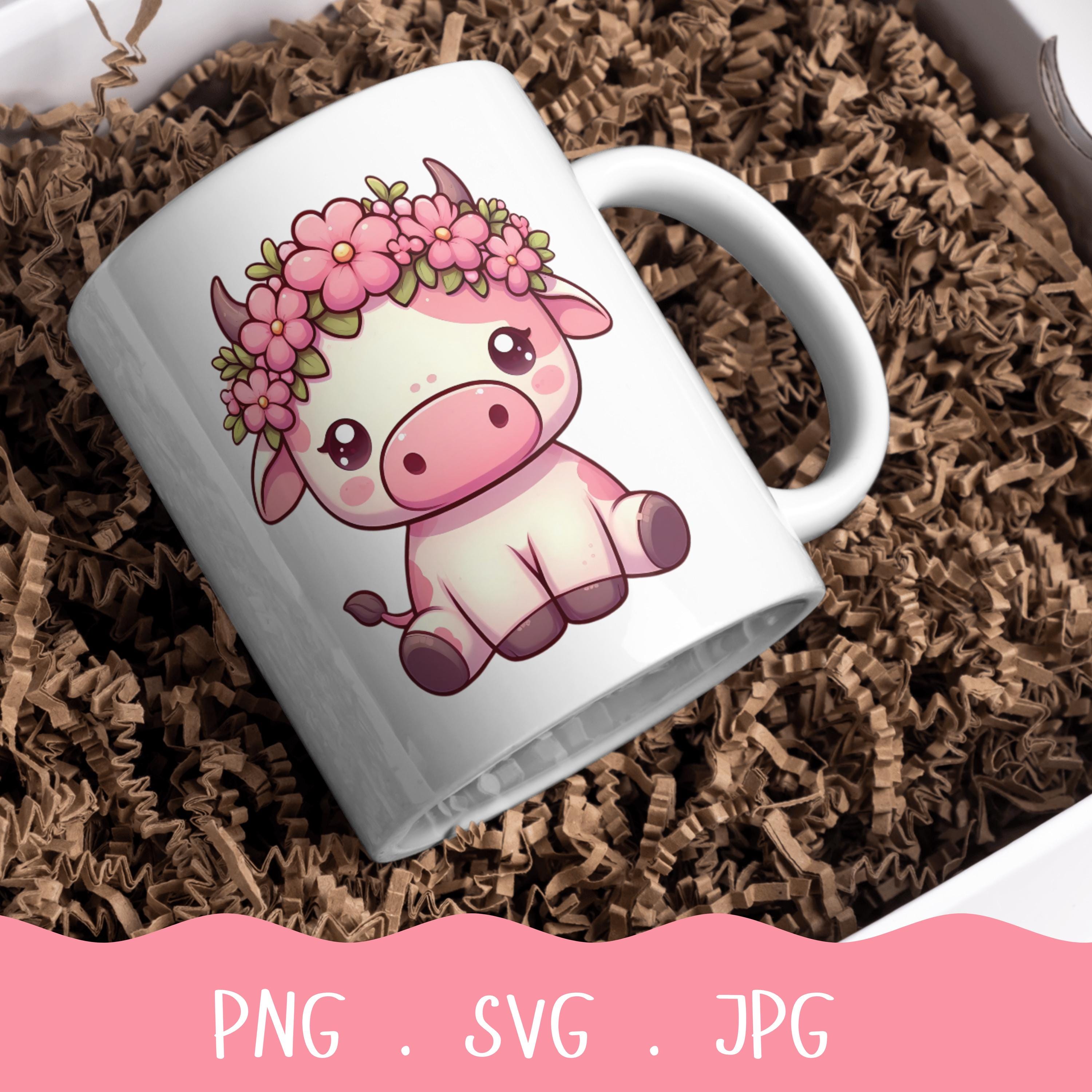 Kawaii Pink Cow Digital Download, Strawberry Cow Clipart With Floral ...