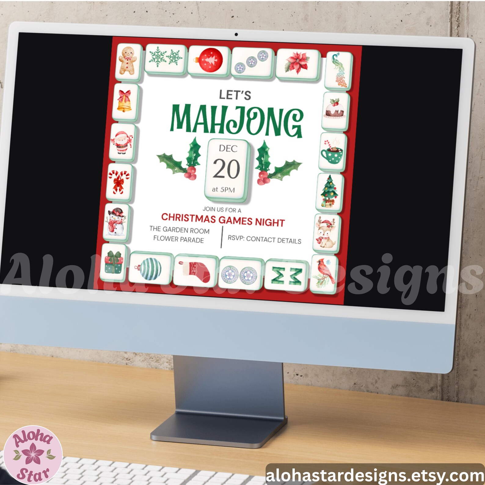 Mahjong Christmas Party Invitation: Festive Game Night, Editable Canva ...