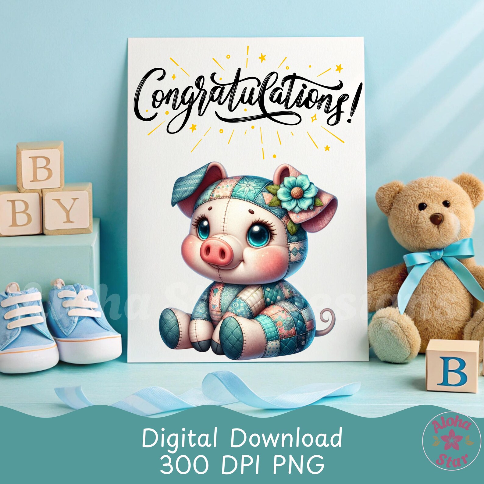 Patchwork Pig Clipart Set: Blue & Teal, Sublimation Designs (digital ...