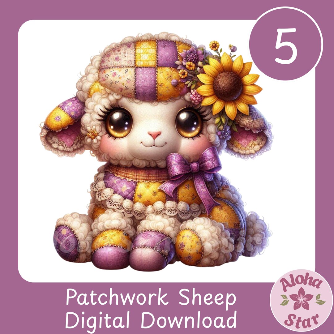 Patchwork Sheep Clipart Set, 5 Sheep With Sunflower, Ribbon ...