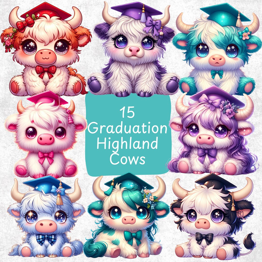 Highland Cow Graduation Clipart Bundle, Kawaii PNG Graphics (instant ...