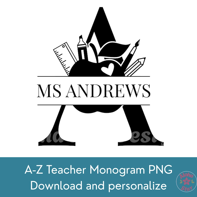 Teacher Monogram PNG: Apple & Stationery Letter Art (digital Download ...