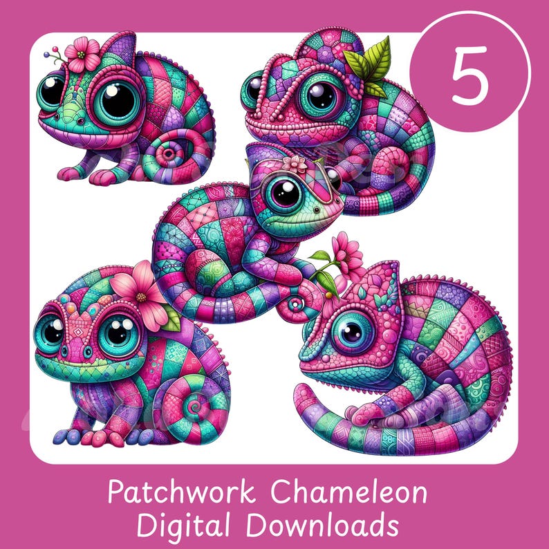 Patchwork Chameleon Clipart PNG Set: Whimsical Kids Digital ...