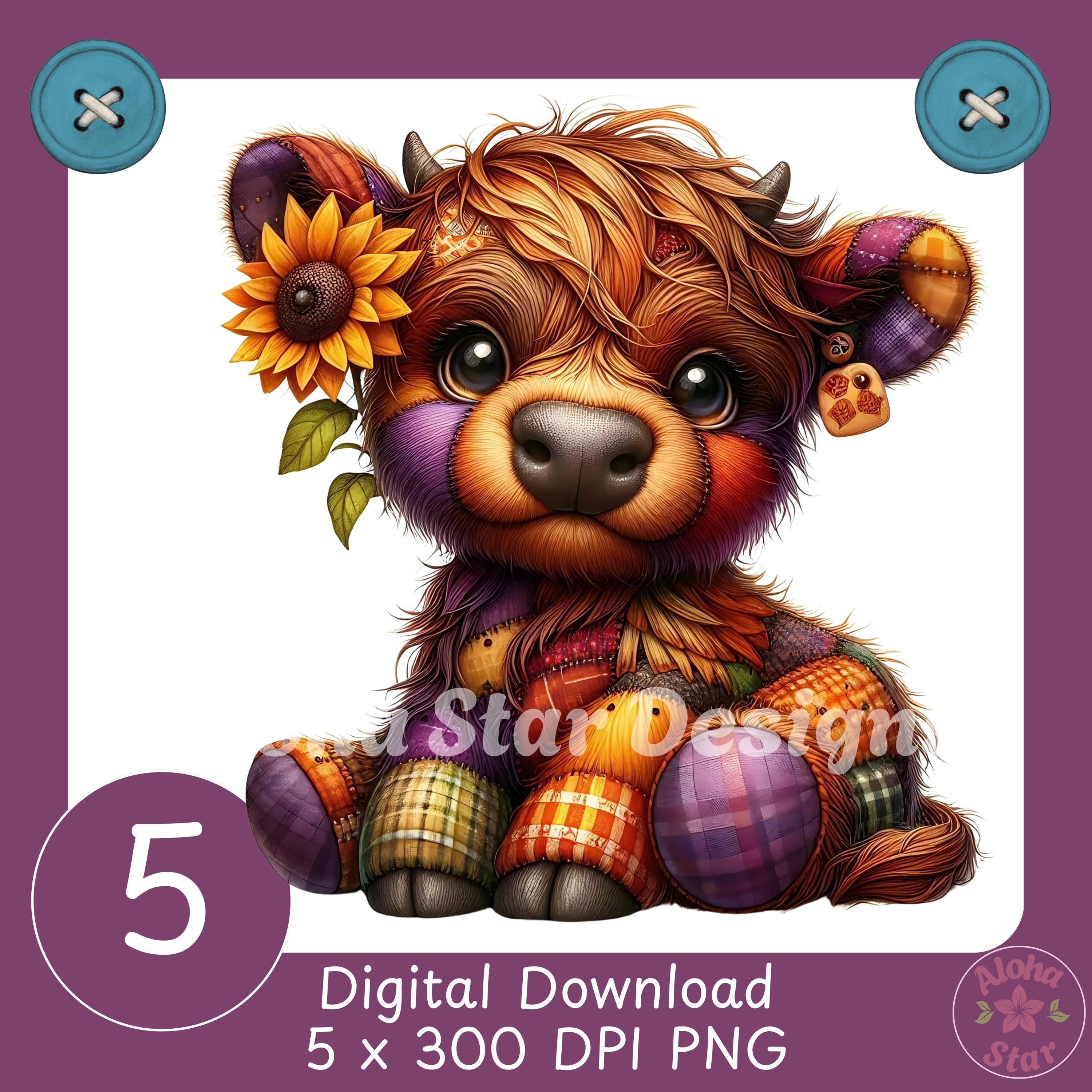 Patchwork Highland Cow PNG Set, 5 Whimsical Cute Quilted Highland Cow ...