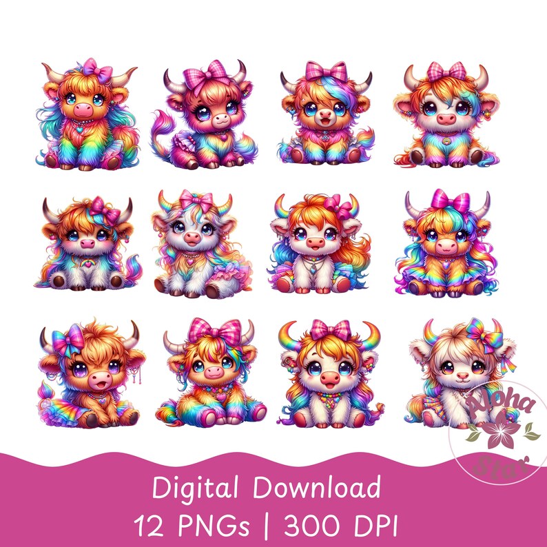 Rainbow Highland Cow Clipart Bundle, Nursery Art PNG (instant Download ...