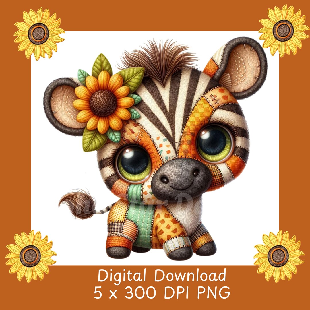 Patchwork Zebra Clipart Set: Sunflower Nursery Decor (PNG Digital ...