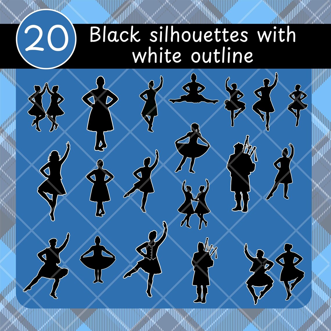 Highland Dance Silhouette Clipart, Scottish Dancers, Bagpiper (PNG SVG ...