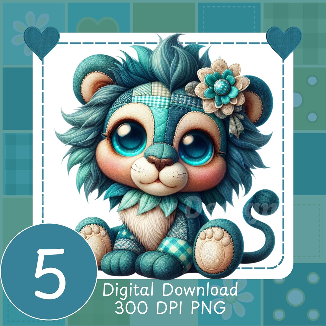 Patchwork Lion PNG Set, 5 Adorable Blue and Teal Lions for Nursery Wall ...
