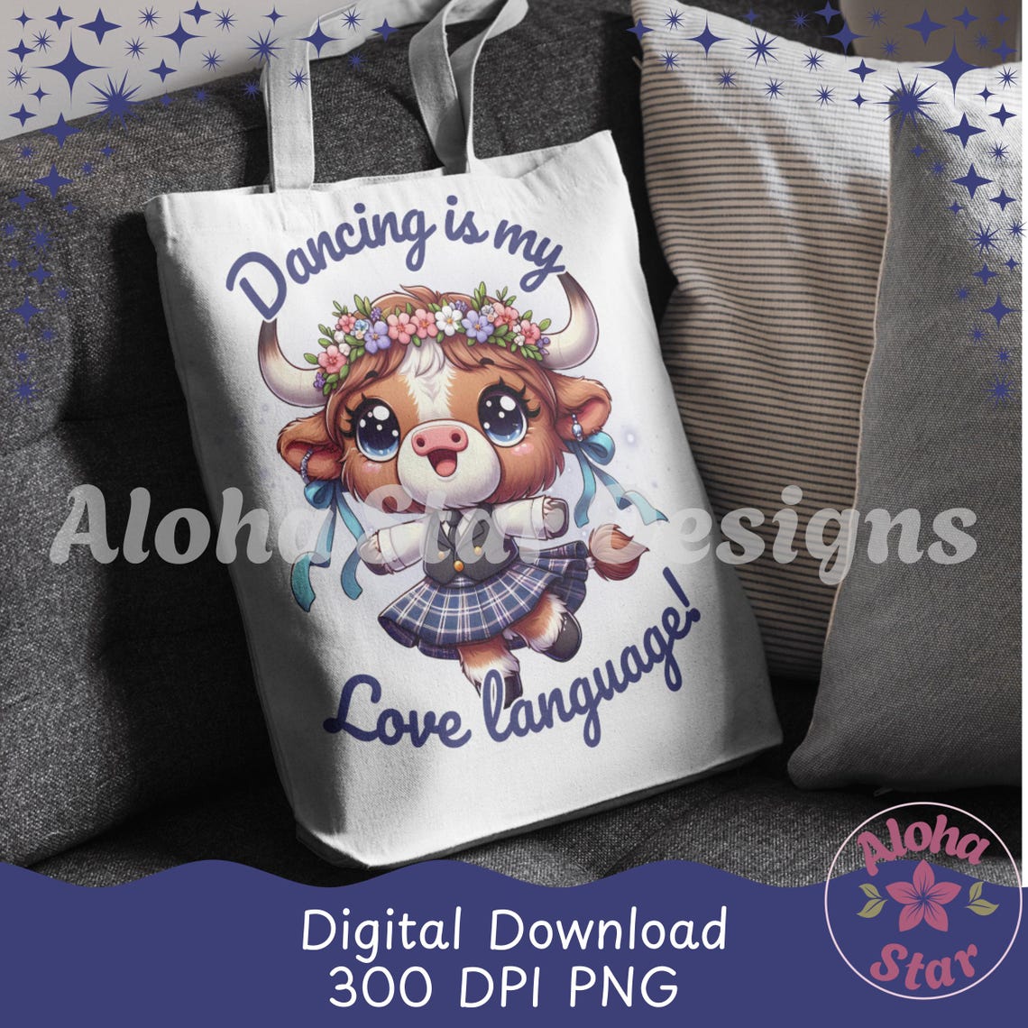 Highland Cow Dancing PNG: Kawaii Scottish Coo Digital Art (instant ...