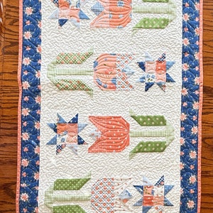 Handmade Quilted Tulip Time Table Runner in Peach and Blue - Etsy