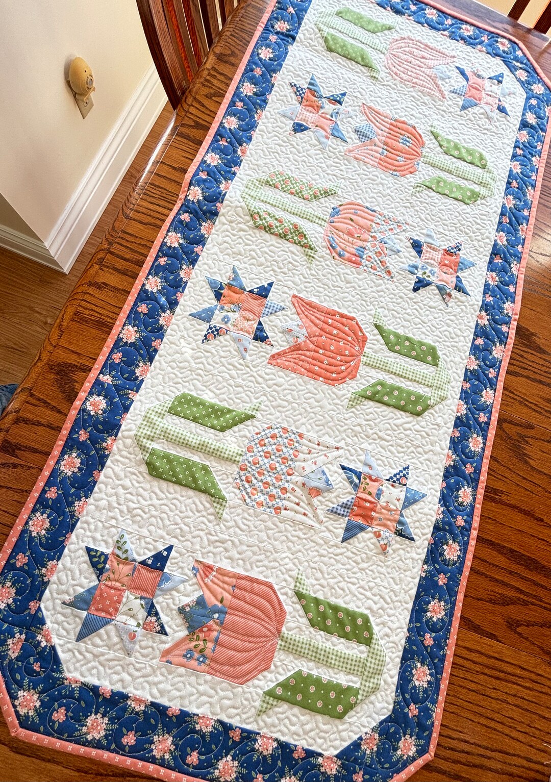 Handmade Quilted Tulip Time Table Runner in Peach and Blue - Etsy