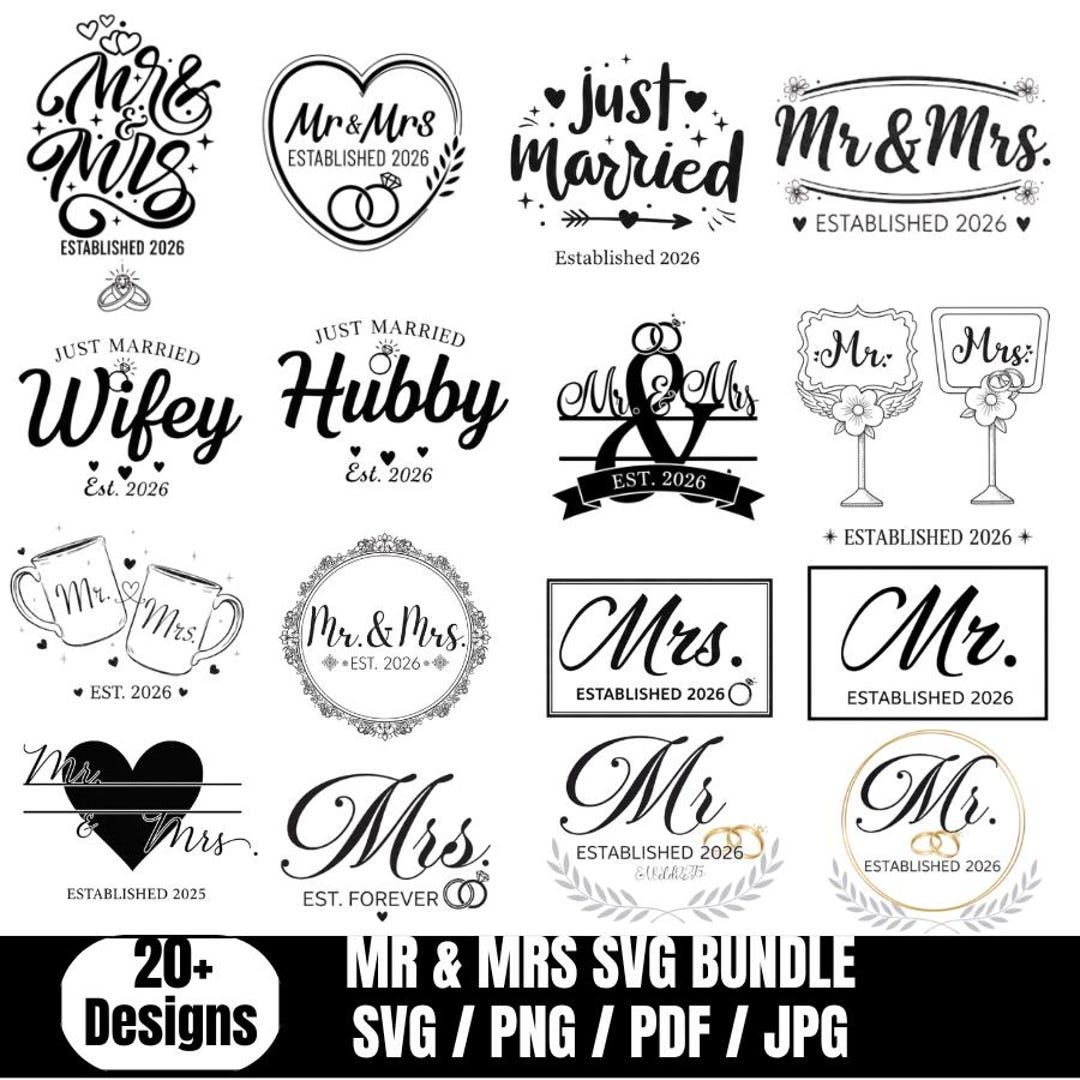 Mr and Mrs Wedding Svg Set Just Married Couple Designs Cricut Cut Files ...