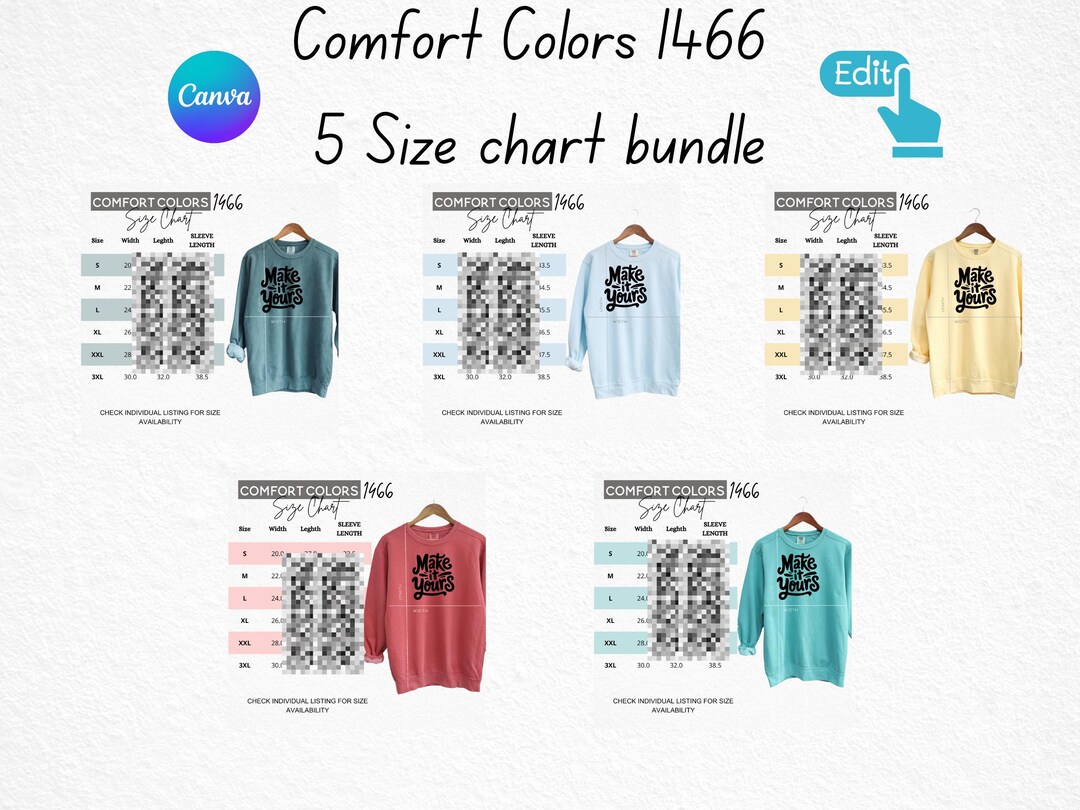 5x Comfort Colors 1466 Size Chart, C1466 POD Mockup Sizing Comparison ...