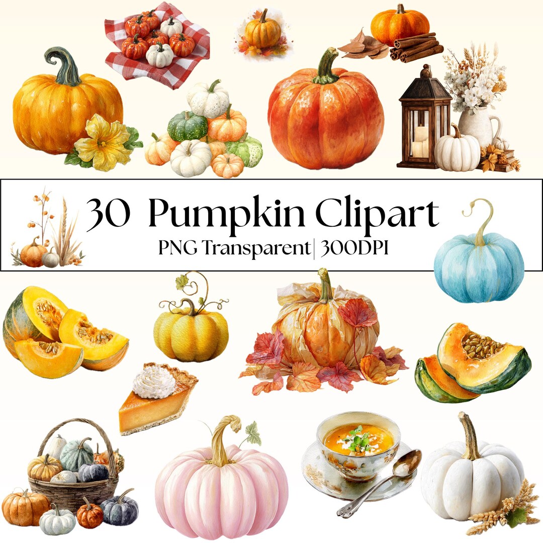 30 Watercolor Pumpkin Clipart Bundle: Autumn Florals, Cottagecore ...