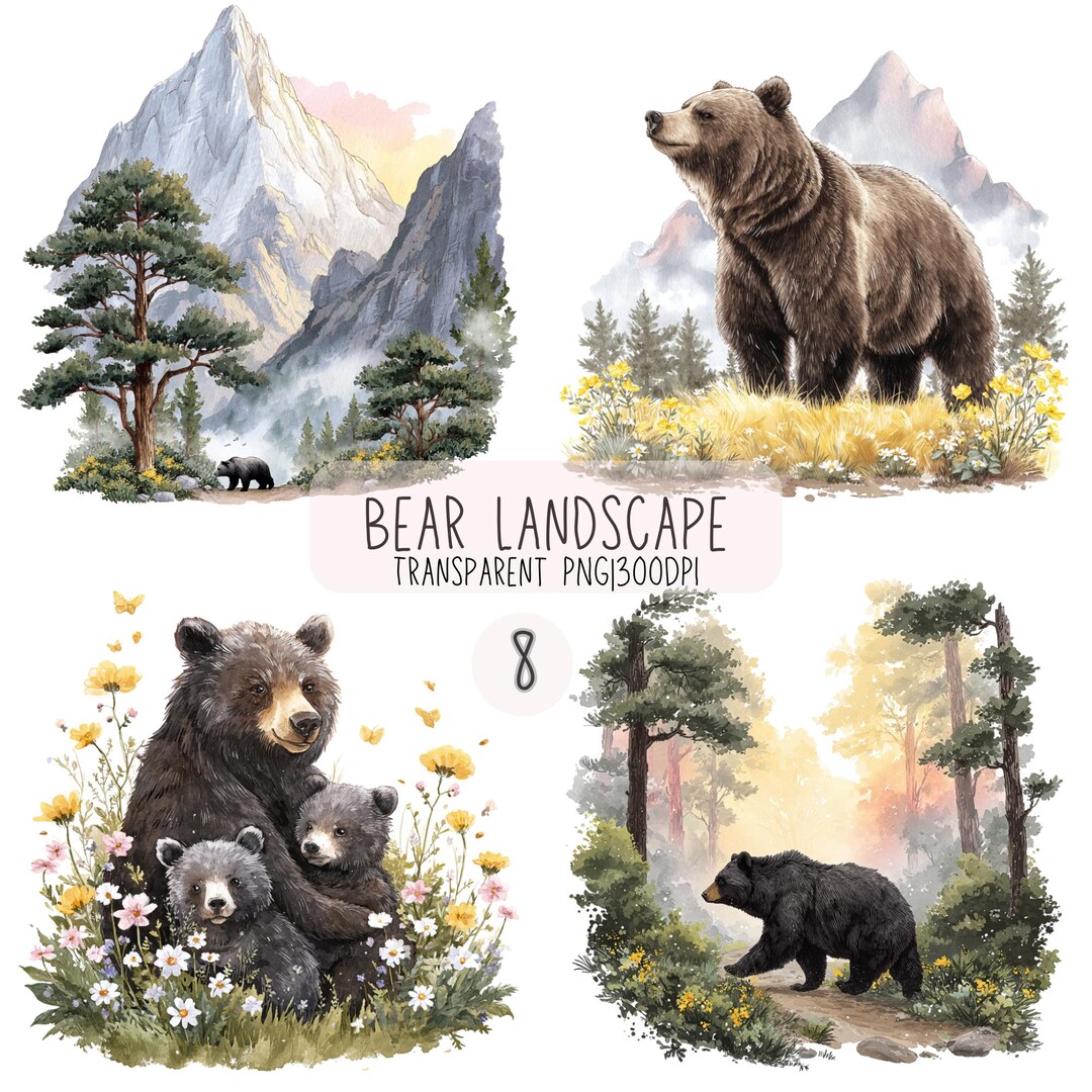8 Bear Mountain Landscape Clipart | Watercolor Wildlife Scenery PNG ...